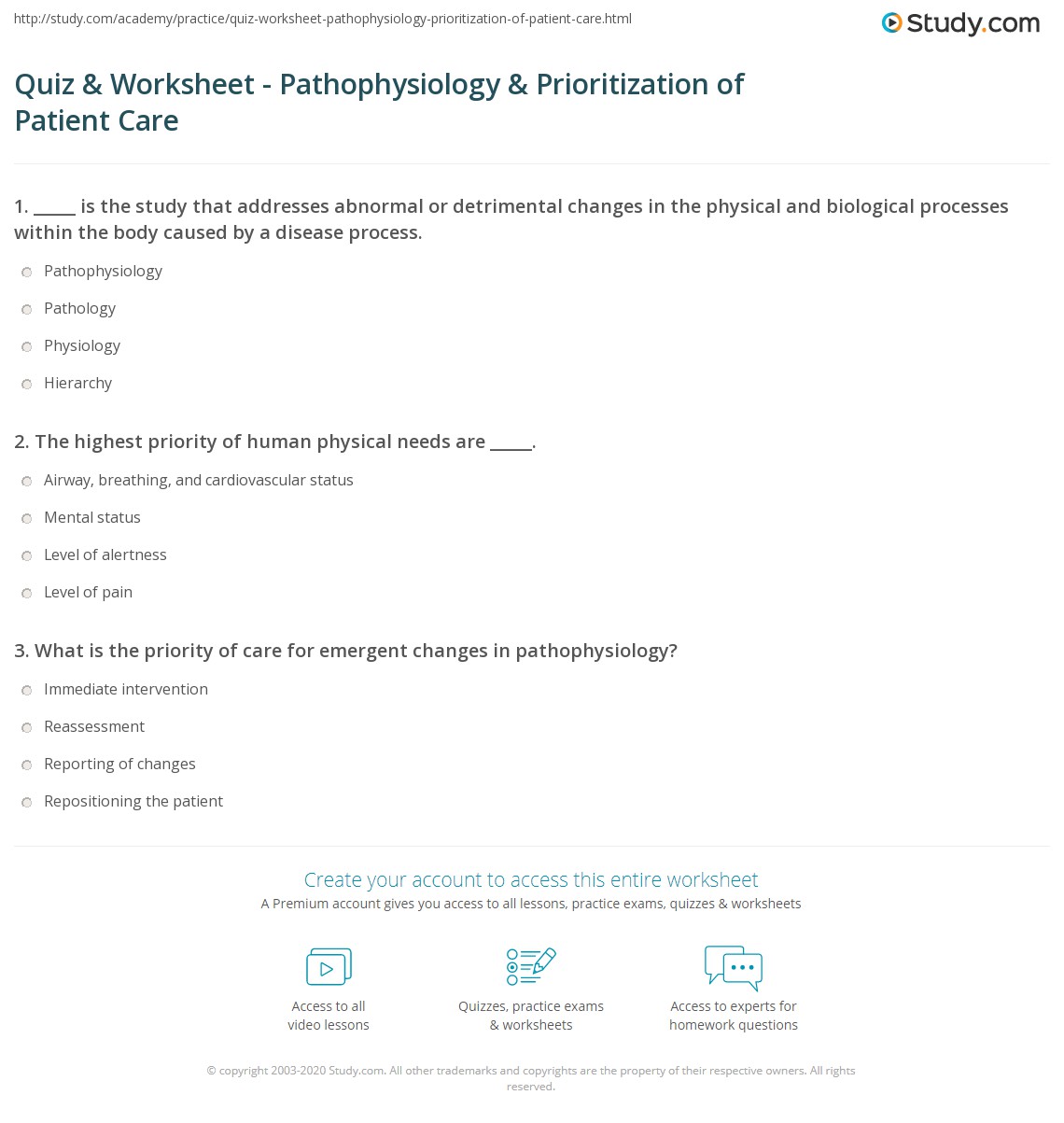 Quiz & Worksheet - Pathophysiology & Prioritization of Patient Care ...