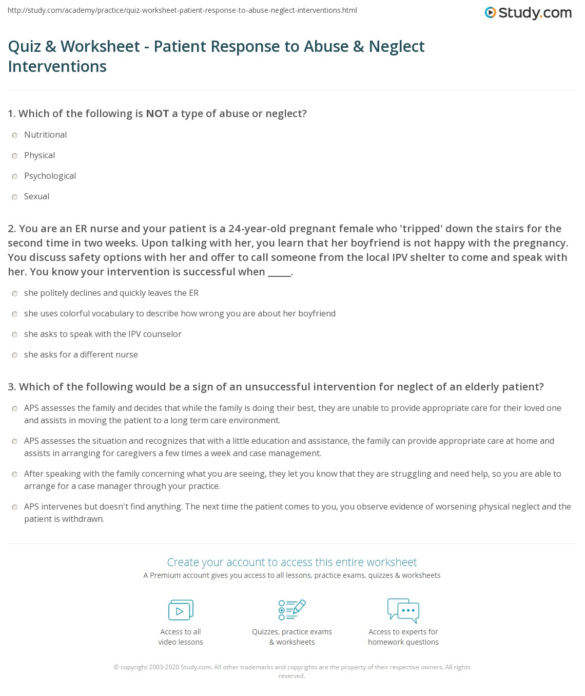 Quiz & Worksheet - Patient Response to Abuse & Neglect Interventions ...