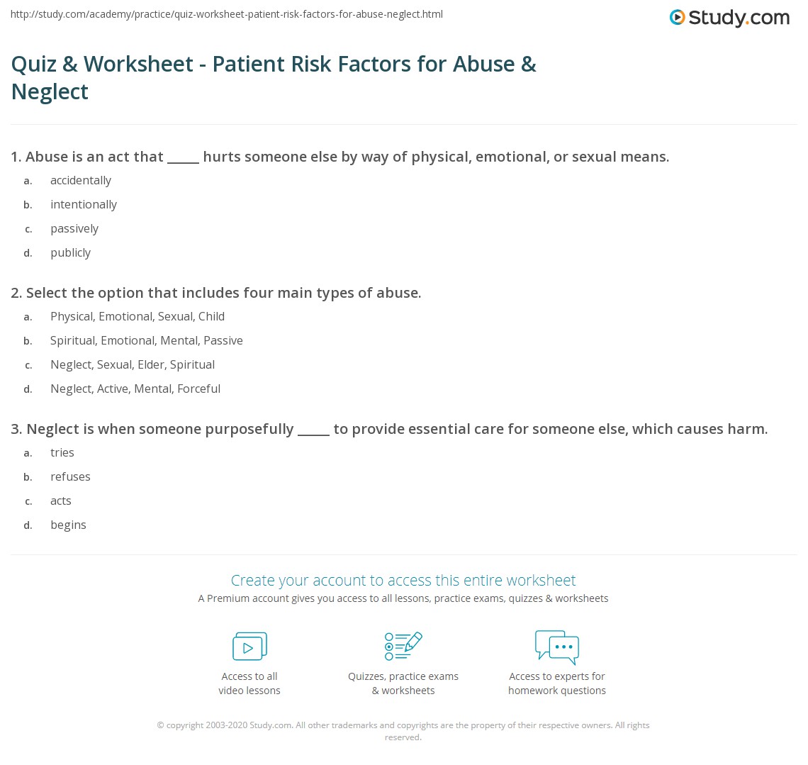 Quiz & Worksheet - Patient Risk Factors for Abuse & Neglect | Study.com