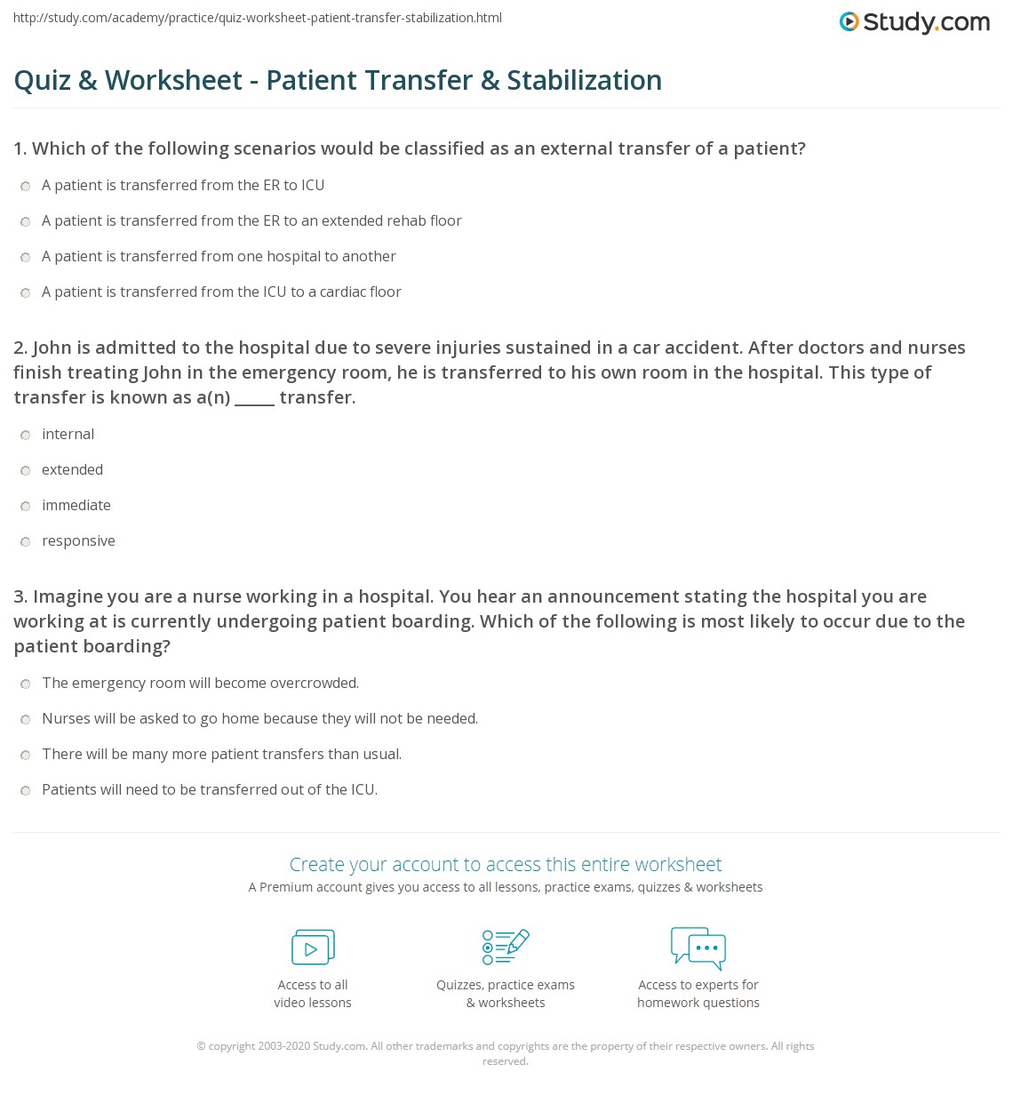 Quiz & Worksheet - Patient Transfer & Stabilization | Study.com