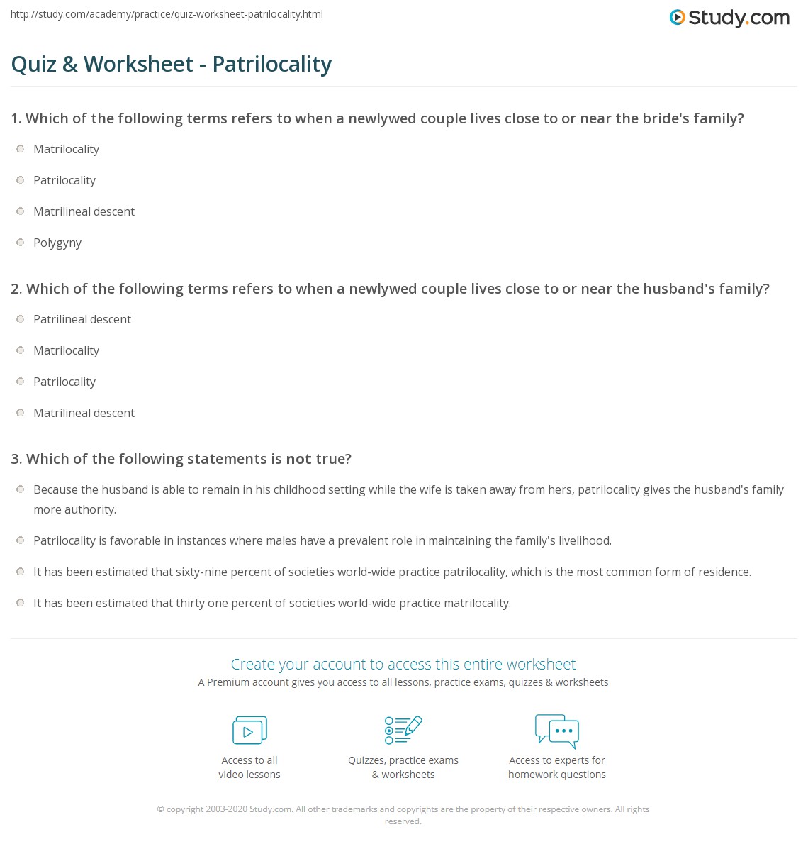 Quiz & Worksheet - Patrilocality | Study.com