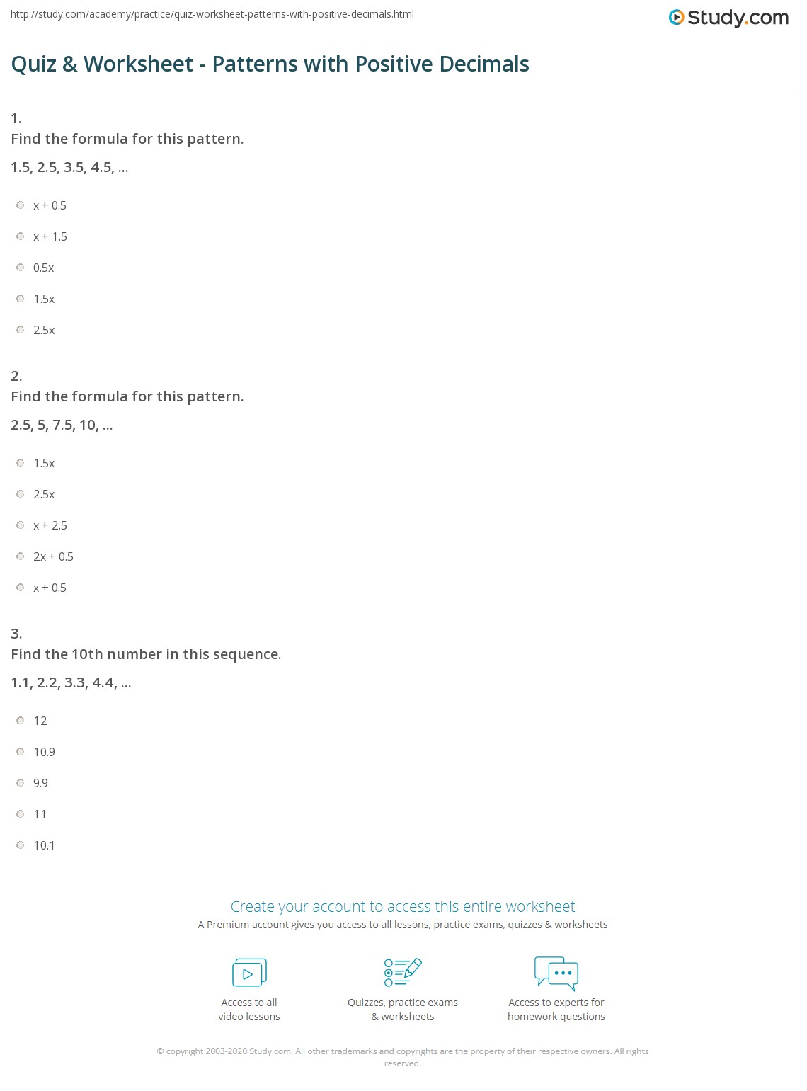 Quiz & Worksheet - Patterns with Positive Decimals | Study.com