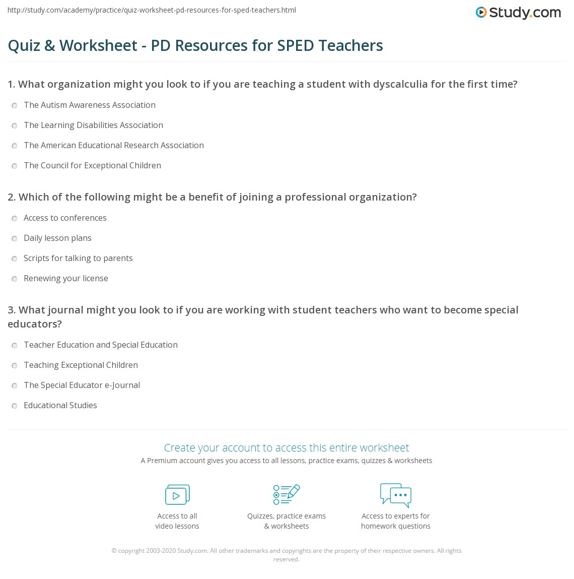 Quiz & Worksheet - PD Resources for SPED Teachers | Study.com