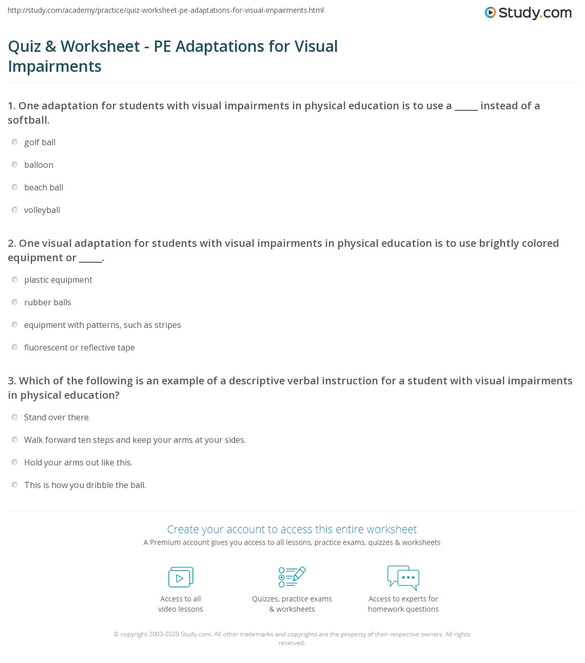 Quiz & Worksheet - PE Adaptations for Visual Impairments | Study.com