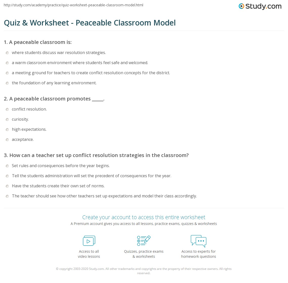 Quiz & Worksheet - Peaceable Classroom Model | Study.com