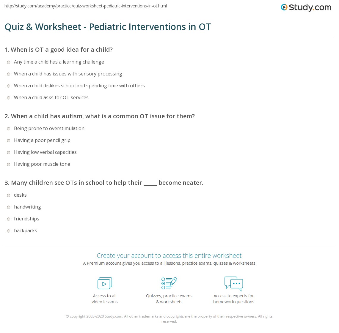 Quiz & Worksheet - Pediatric Interventions in OT | Study.com