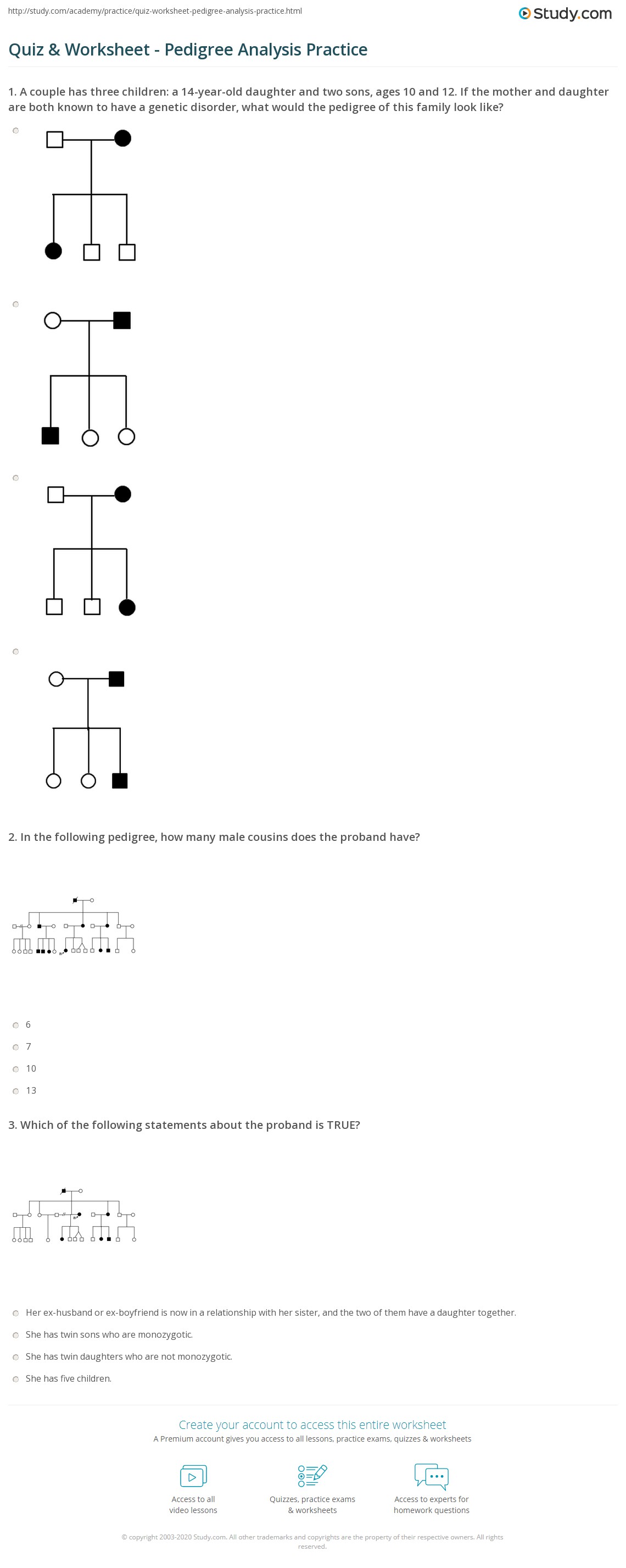 Quiz Worksheet Pedigree Analysis Practice Study
