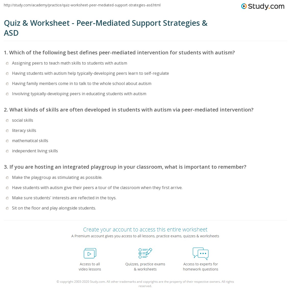 Quiz & Worksheet - Peer-Mediated Support Strategies & ASD | Study.com