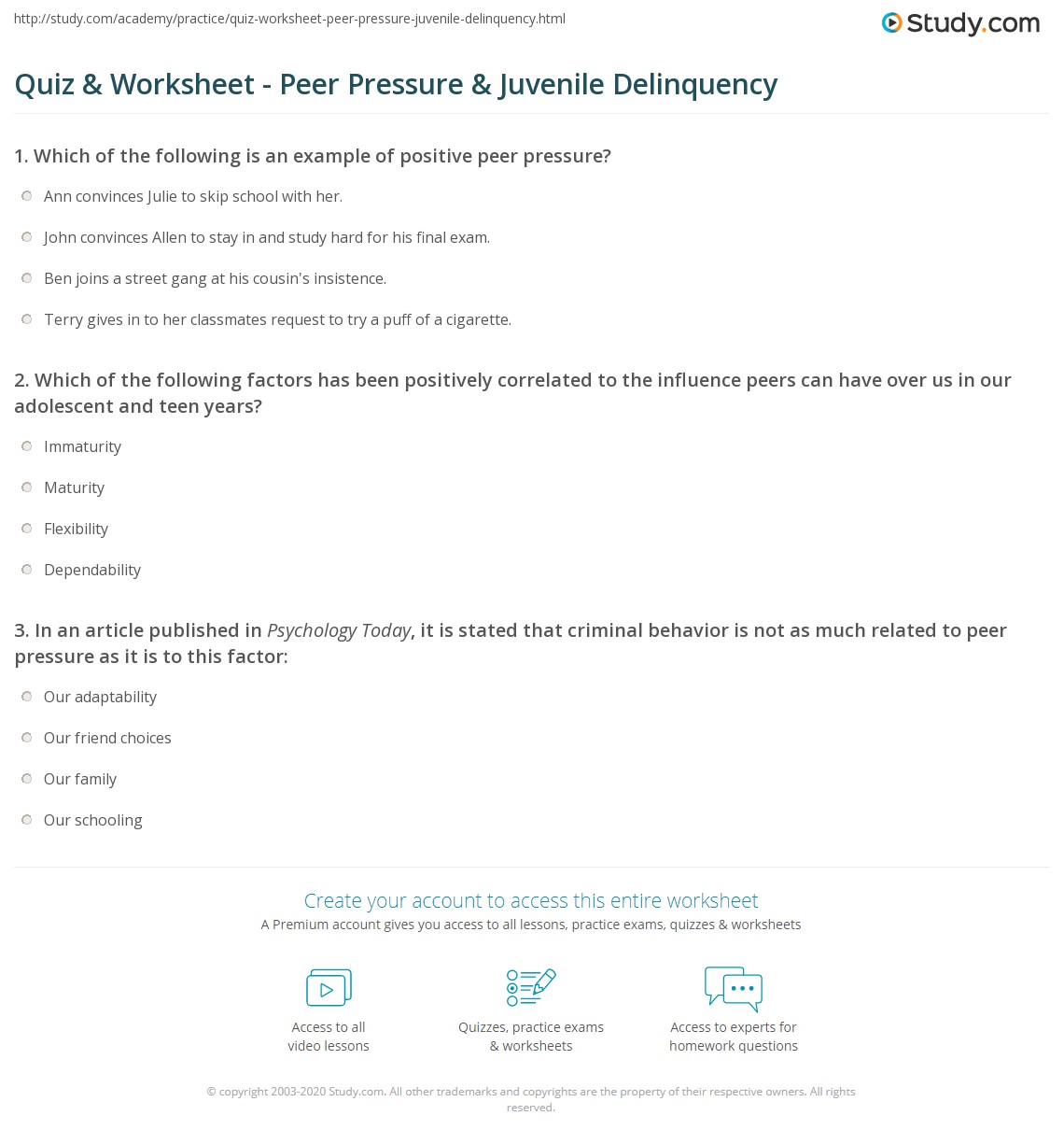 Quiz & Worksheet - Peer Pressure & Juvenile Delinquency | Study.com