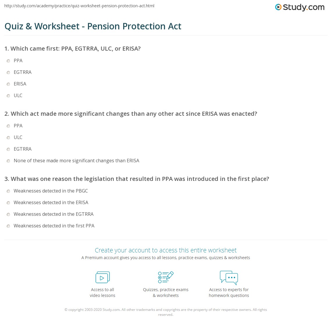Quiz & Worksheet - Pension Protection Act | Study.com
