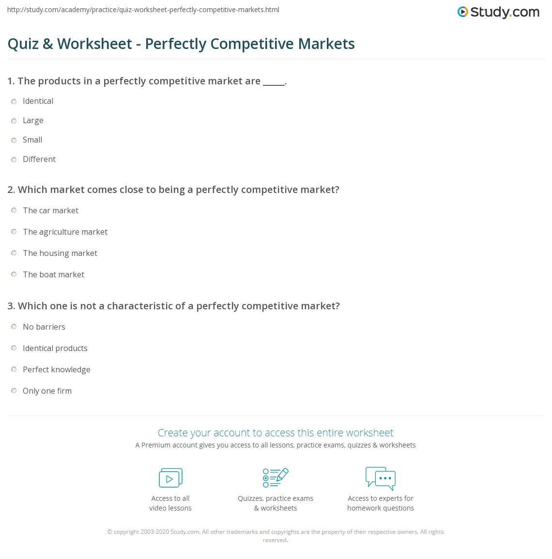 Quiz & Worksheet - Perfectly Competitive Markets | Study.com