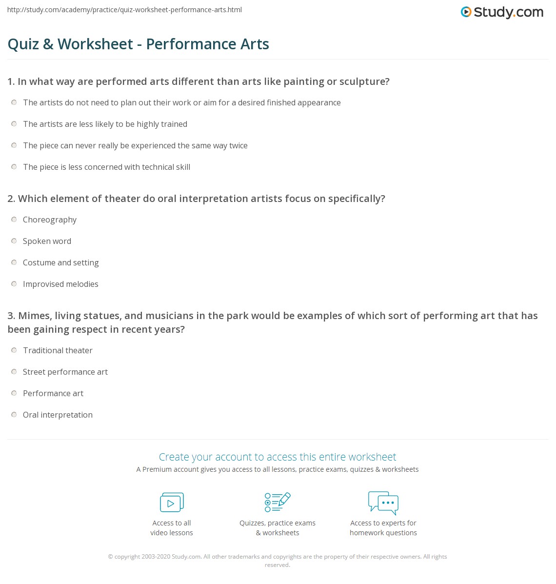 Quiz Worksheet Performance Arts Study Quiz Worksheet Performance Arts Study