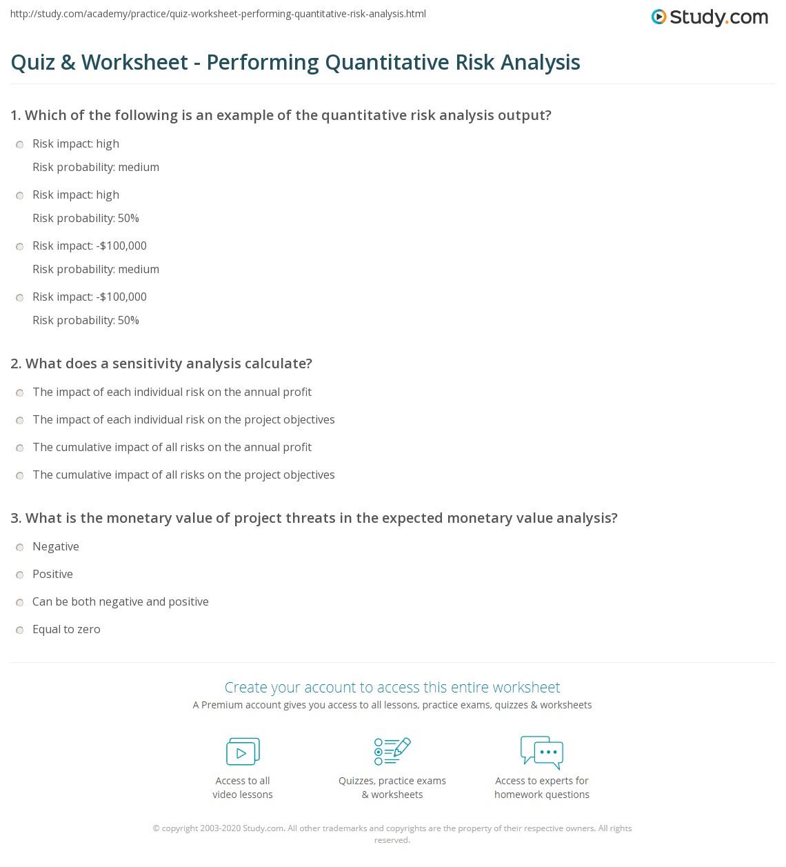 Quiz & Worksheet - Performing Quantitative Risk Analysis | Study.com