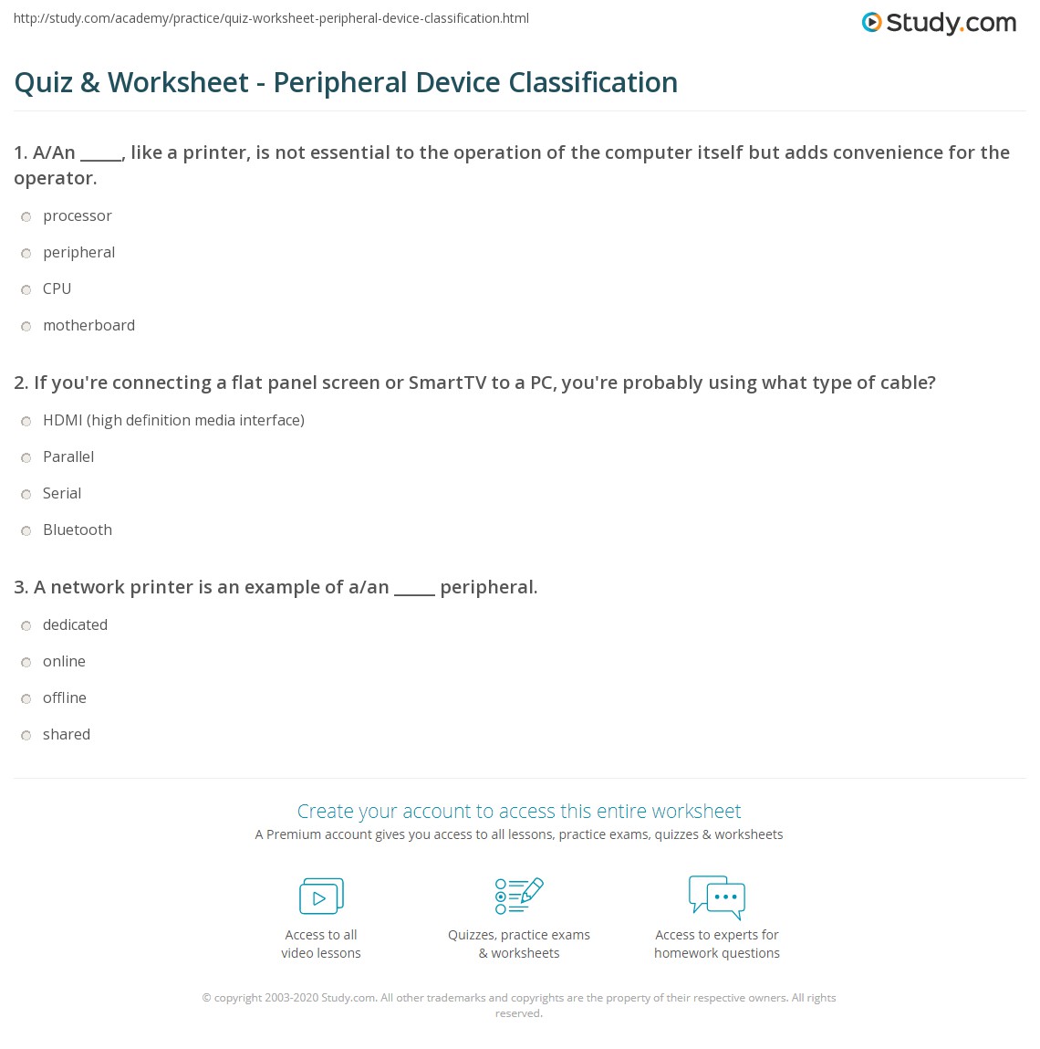 Quiz & Worksheet - Peripheral Device Classification | Study.com