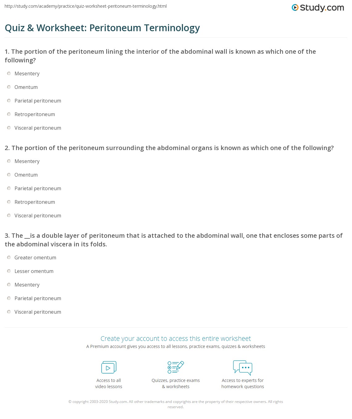 Quiz & Worksheet: Peritoneum Terminology | Study.com