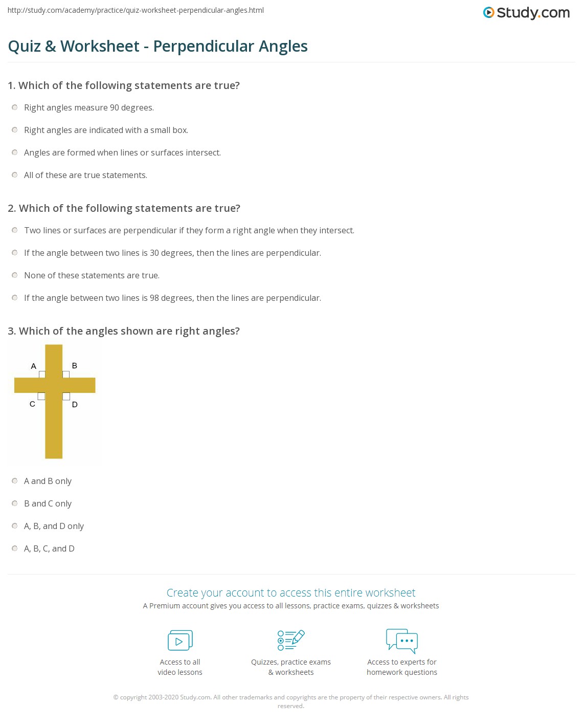 Quiz & Worksheet - Perpendicular Angles | Study.com