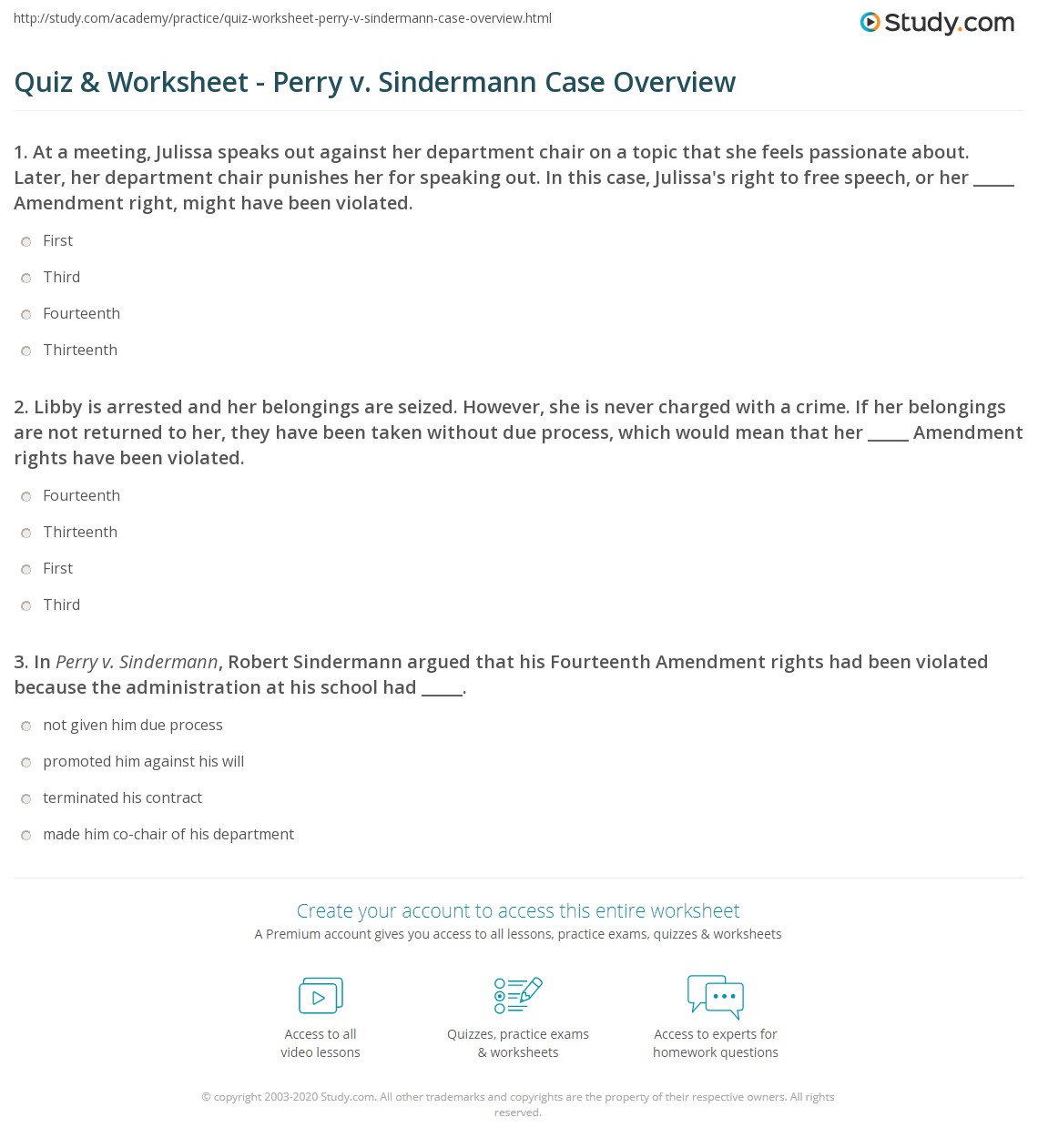 Quiz & Worksheet - Perry v. Sindermann Case Overview | Study.com