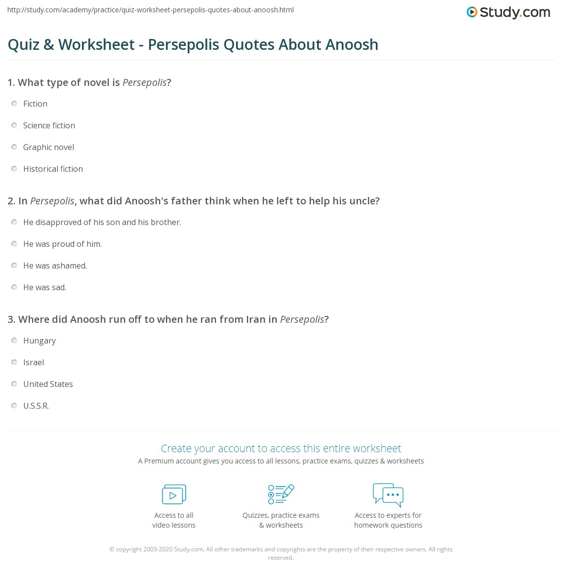 Quiz & Worksheet - Persepolis Quotes About Anoosh | Study.com