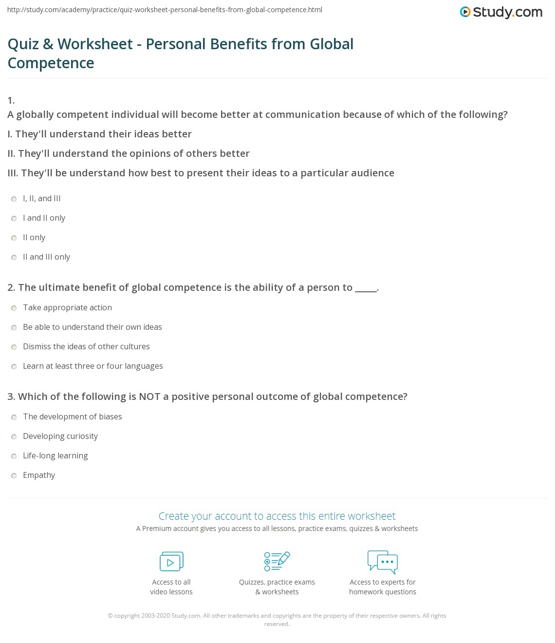 Quiz & Worksheet - Personal Benefits from Global Competence | Study.com