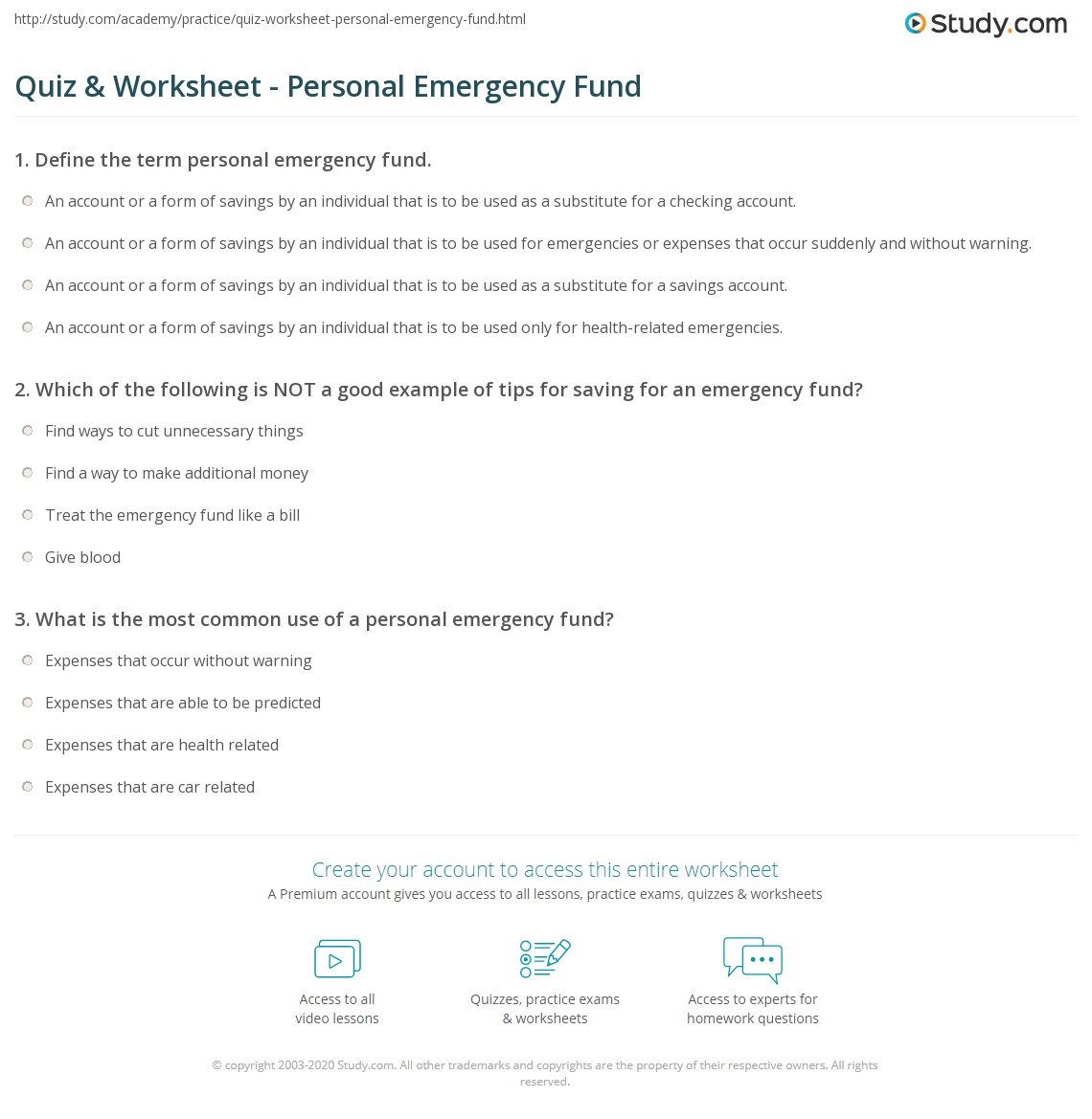 Quiz & Worksheet - Personal Emergency Fund | Study.com