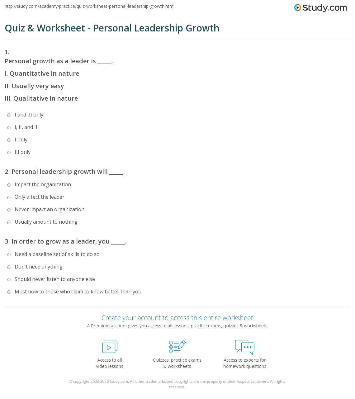 Quiz & Worksheet - Personal Leadership Growth | Study.com