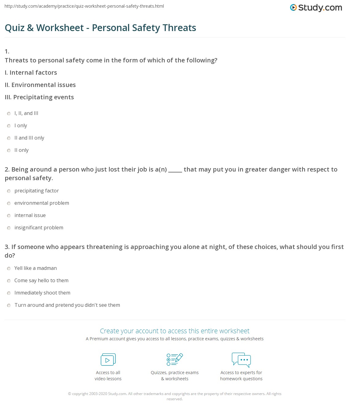 Quiz & Worksheet - Personal Safety Threats | Study.com