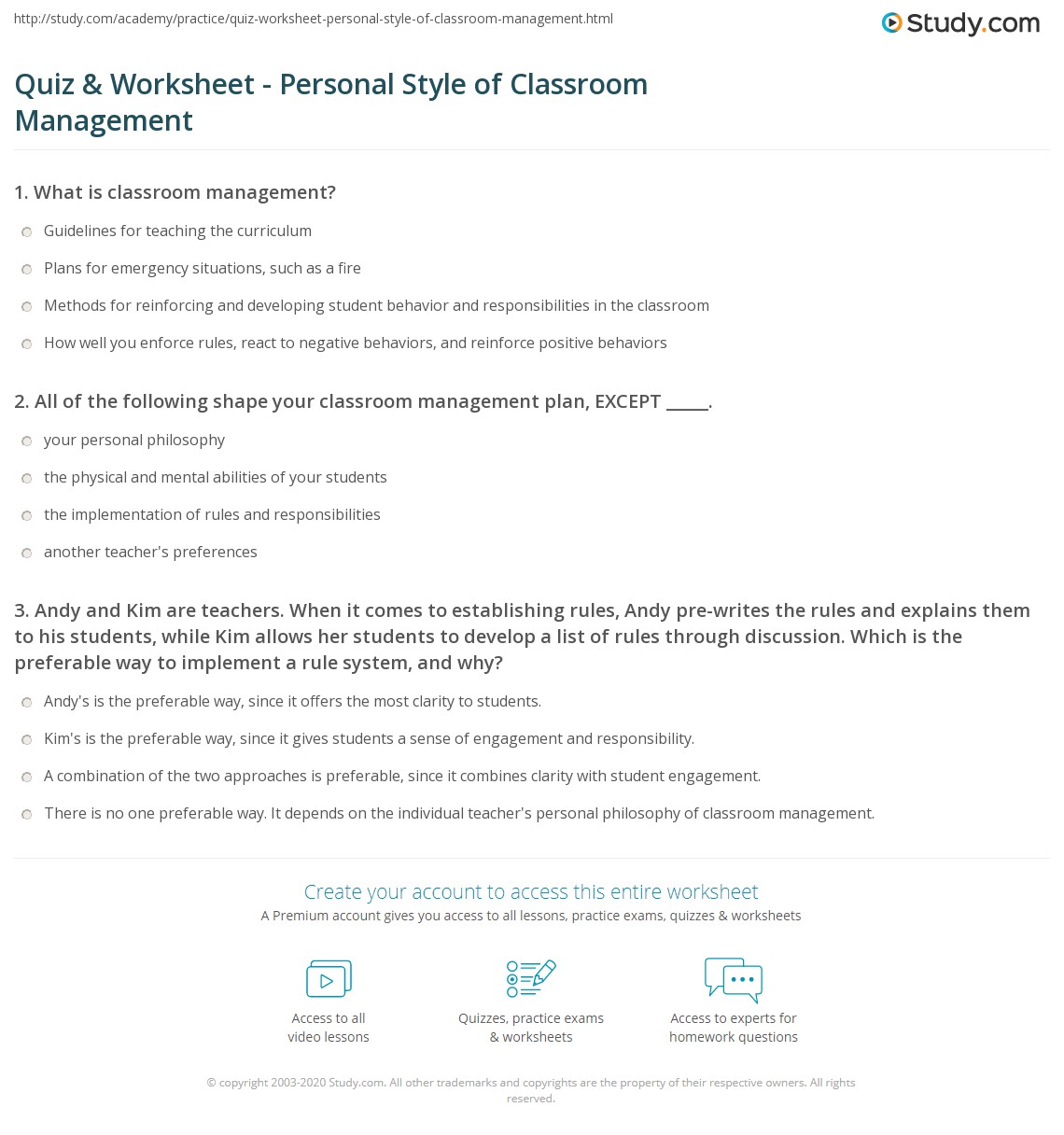 Quiz & Worksheet - Personal Style of Classroom Management | Study.com