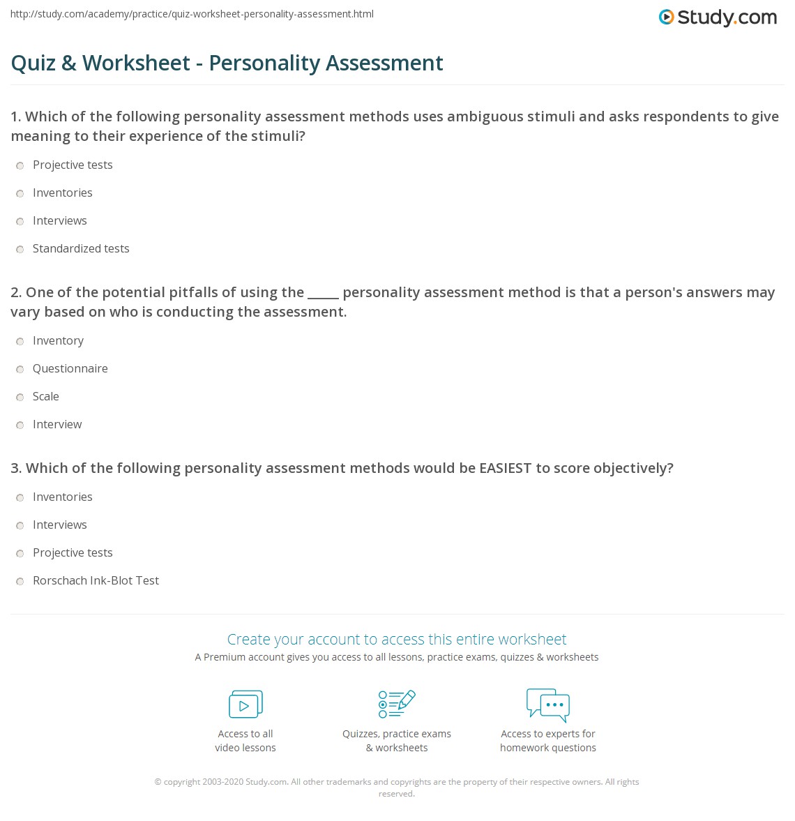 Quiz & Worksheet - Personality Assessment | Study.com