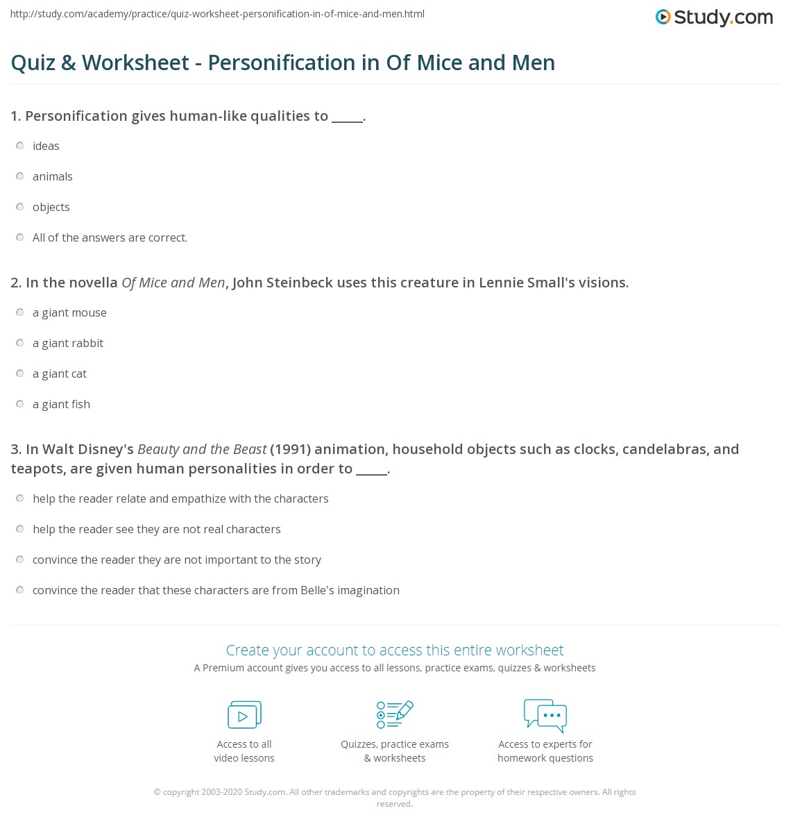 Quiz & Worksheet - Personification in Of Mice and Men | Study.com
