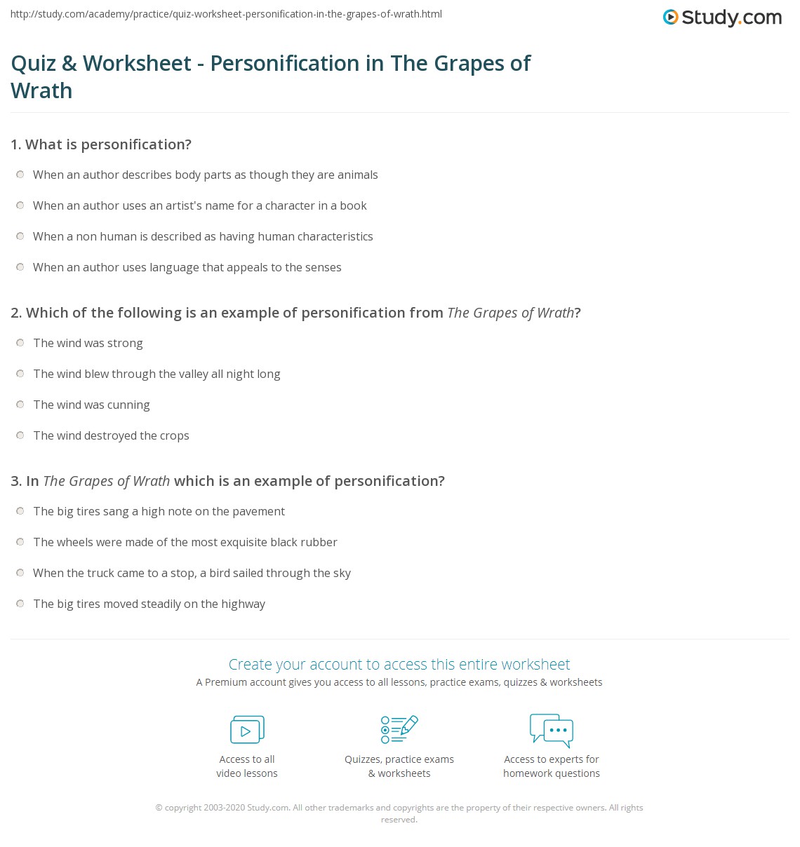 Quiz & Worksheet - Personification in The Grapes of Wrath | Study.com
