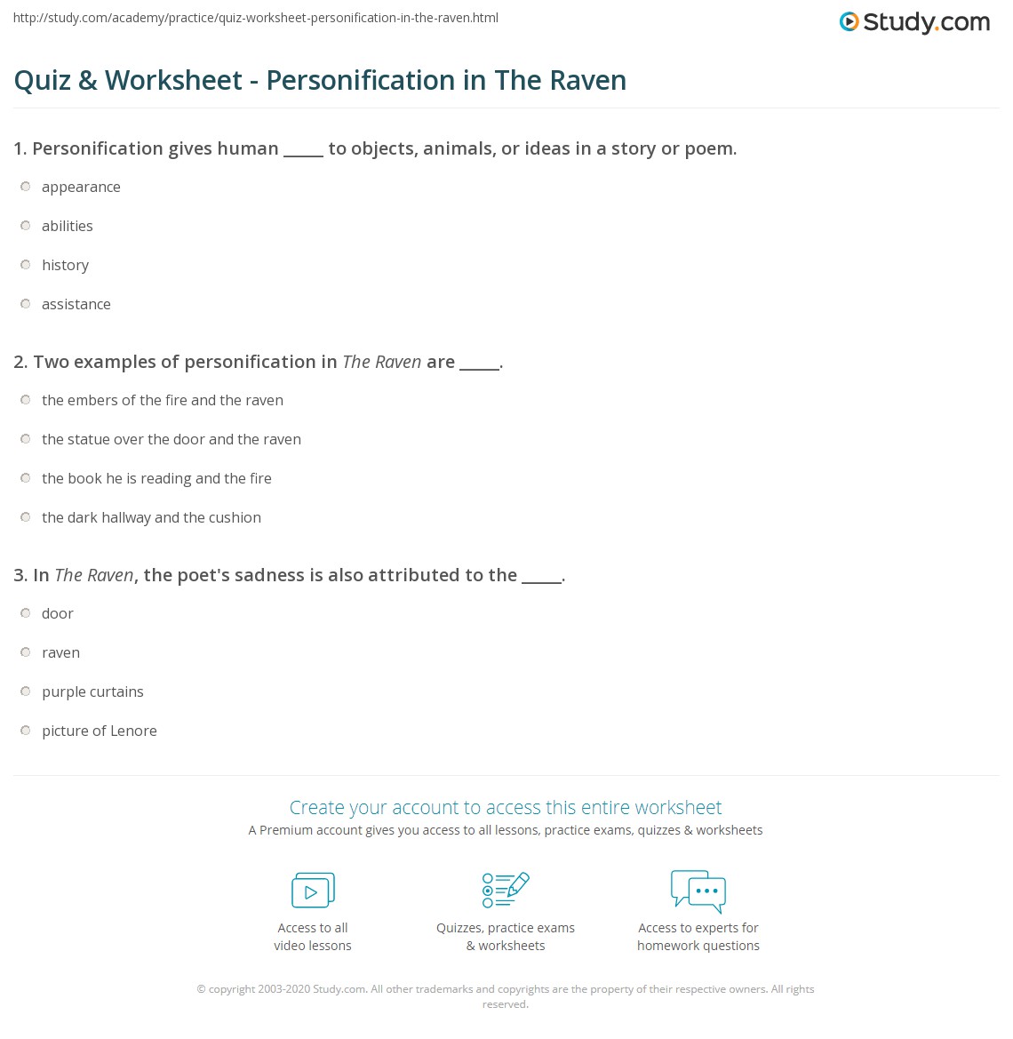Quiz & Worksheet - Personification in The Raven | Study.com