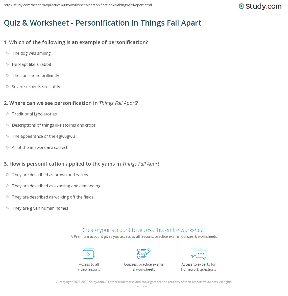 Quiz & Worksheet - Personification in Things Fall Apart | Study.com