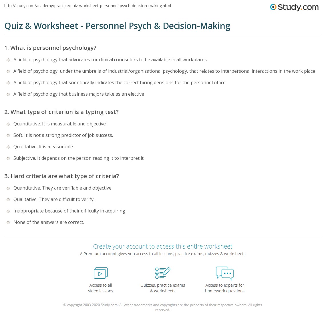 Quiz & Worksheet - Personnel Psych & Decision-Making | Study.com