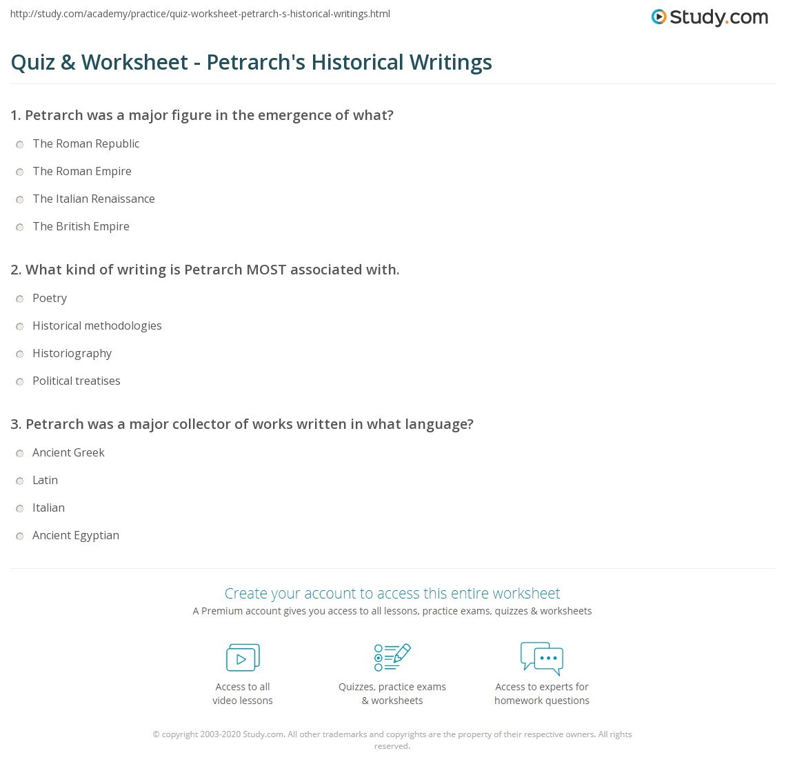 Quiz & Worksheet - Petrarch's Historical Writings | Study.com