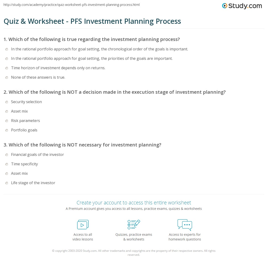 Quiz & Worksheet - PFS Investment Planning Process | Study.com