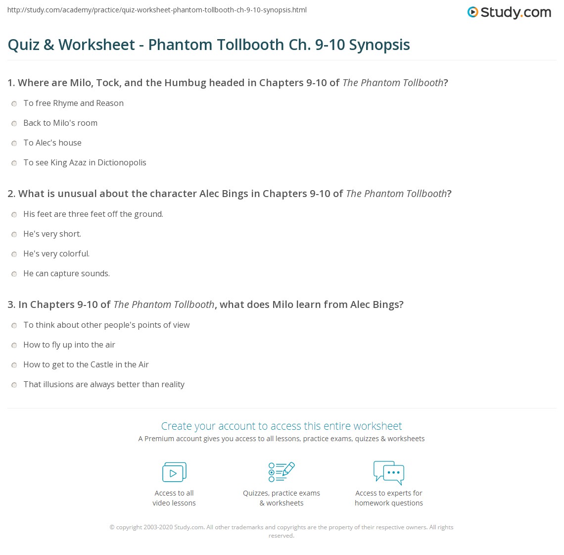 Quiz & Worksheet - Phantom Tollbooth Ch. 9-10 Synopsis | Study.com