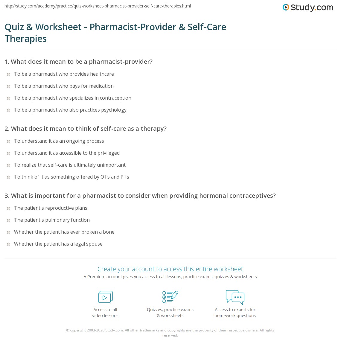 Quiz & Worksheet - Pharmacist-Provider & Self-Care Therapies | Study.com