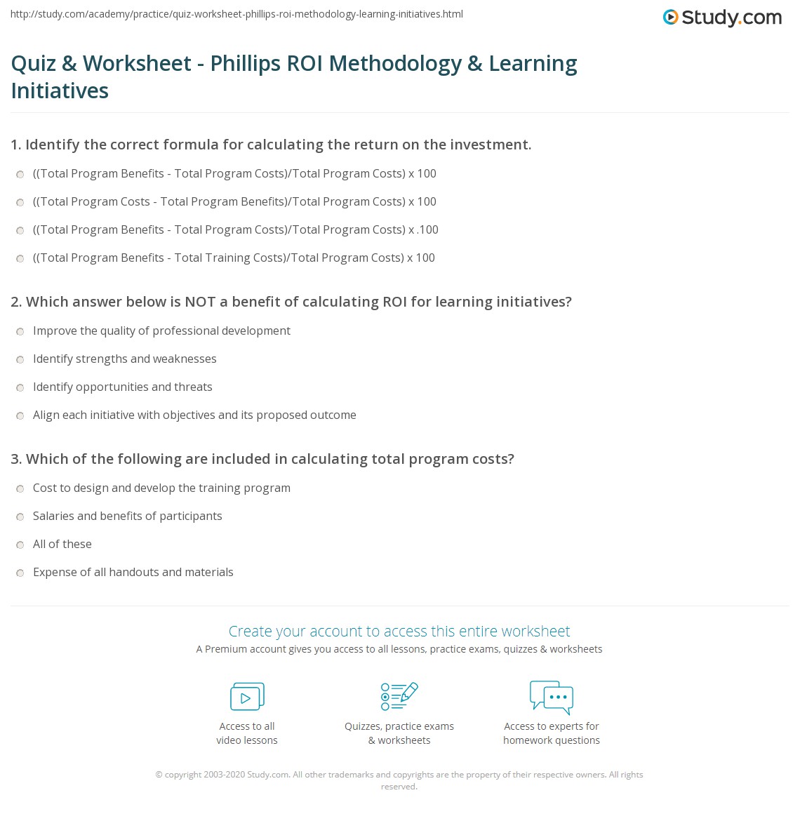 Quiz & Worksheet - Phillips ROI Methodology & Learning Initiatives ...