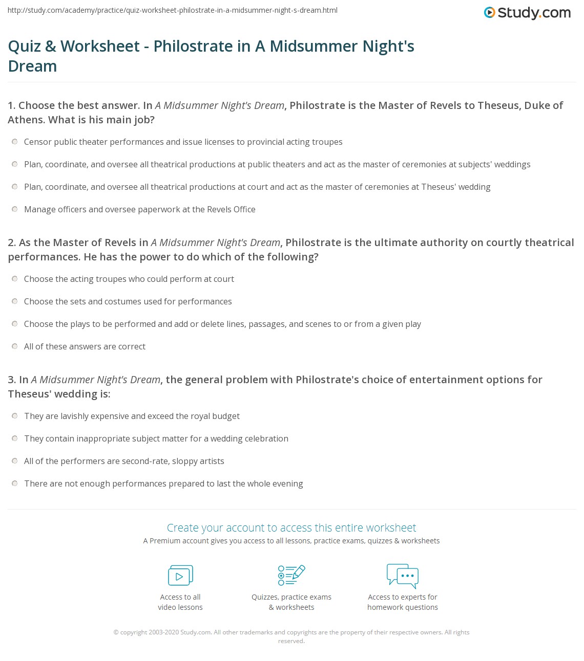 Quiz & Worksheet - Philostrate in A Midsummer Night's Dream | Study.com