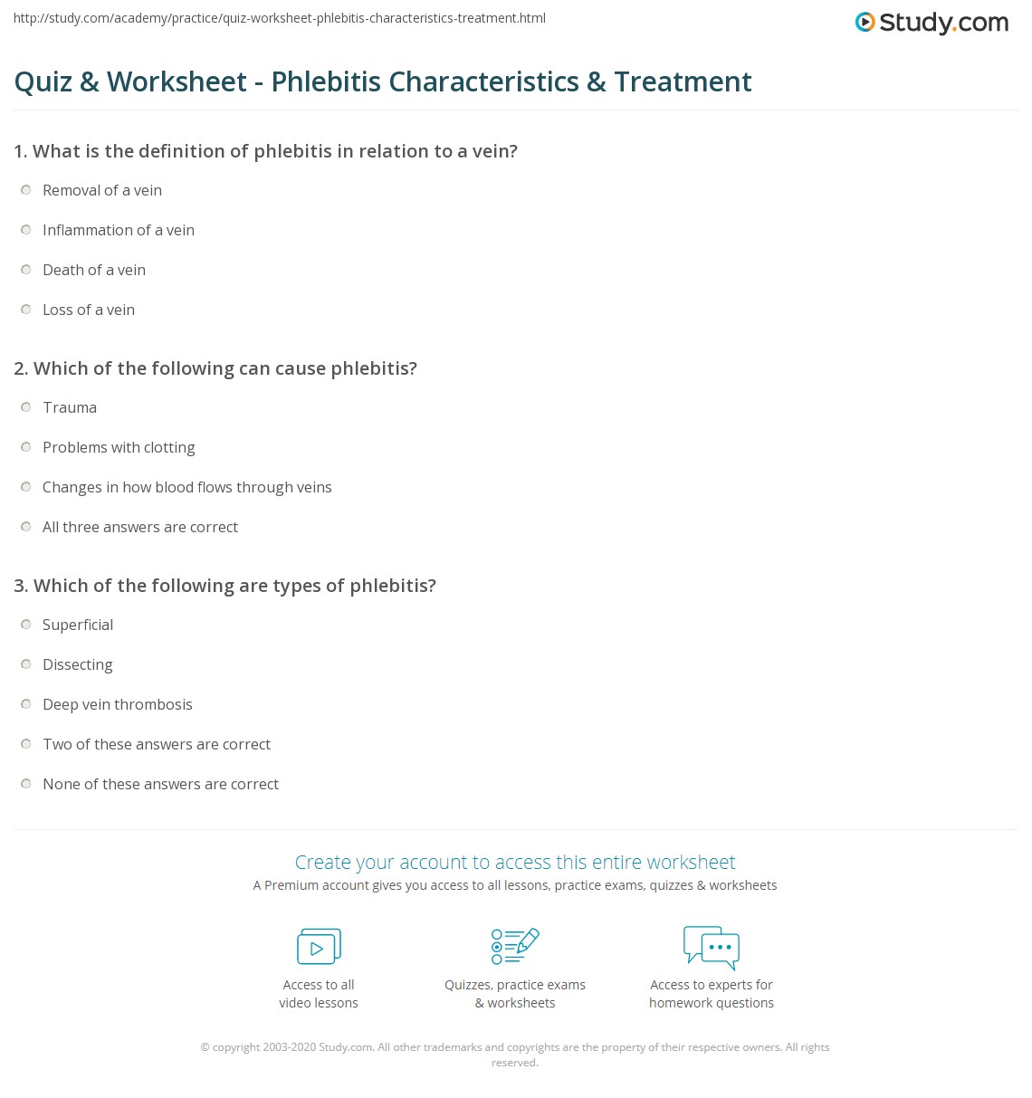 Quiz & Worksheet - Phlebitis Characteristics & Treatment | Study.com