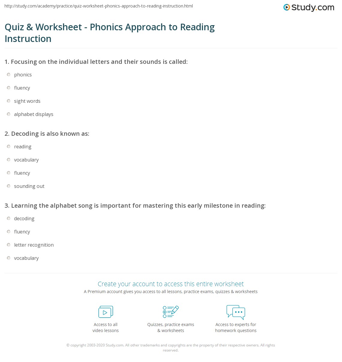 Quiz & Worksheet - Phonics Approach to Reading Instruction | Study.com