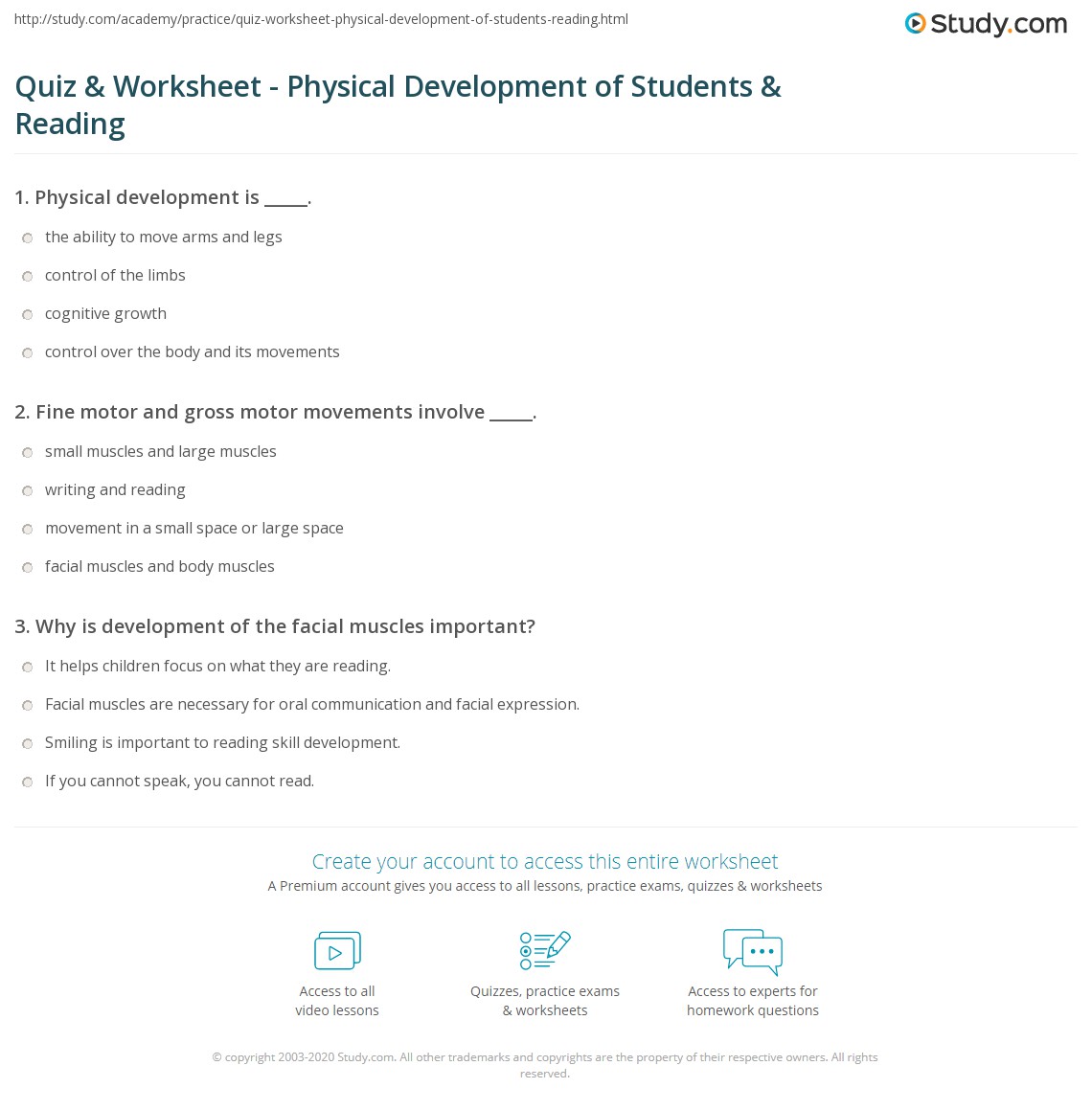 Quiz & Worksheet - Physical Development of Students & Reading | Study.com