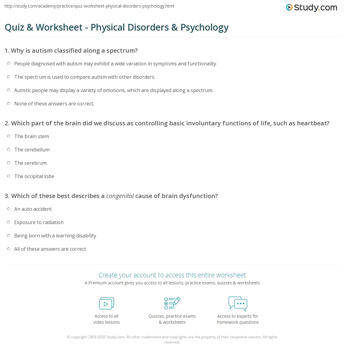 Quiz & Worksheet - Physical Disorders & Psychology | Study.com