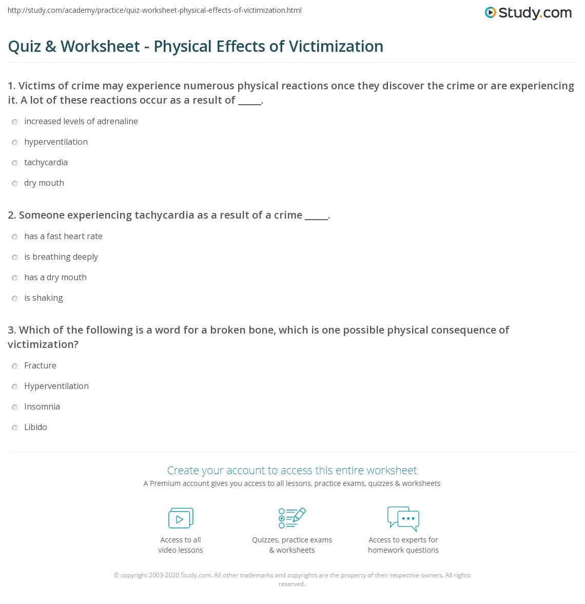 Quiz & Worksheet - Physical Effects of Victimization | Study.com