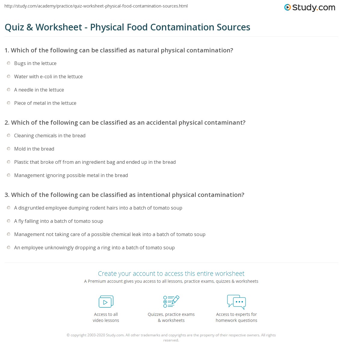 Quiz & Worksheet - Physical Food Contamination Sources | Study.com