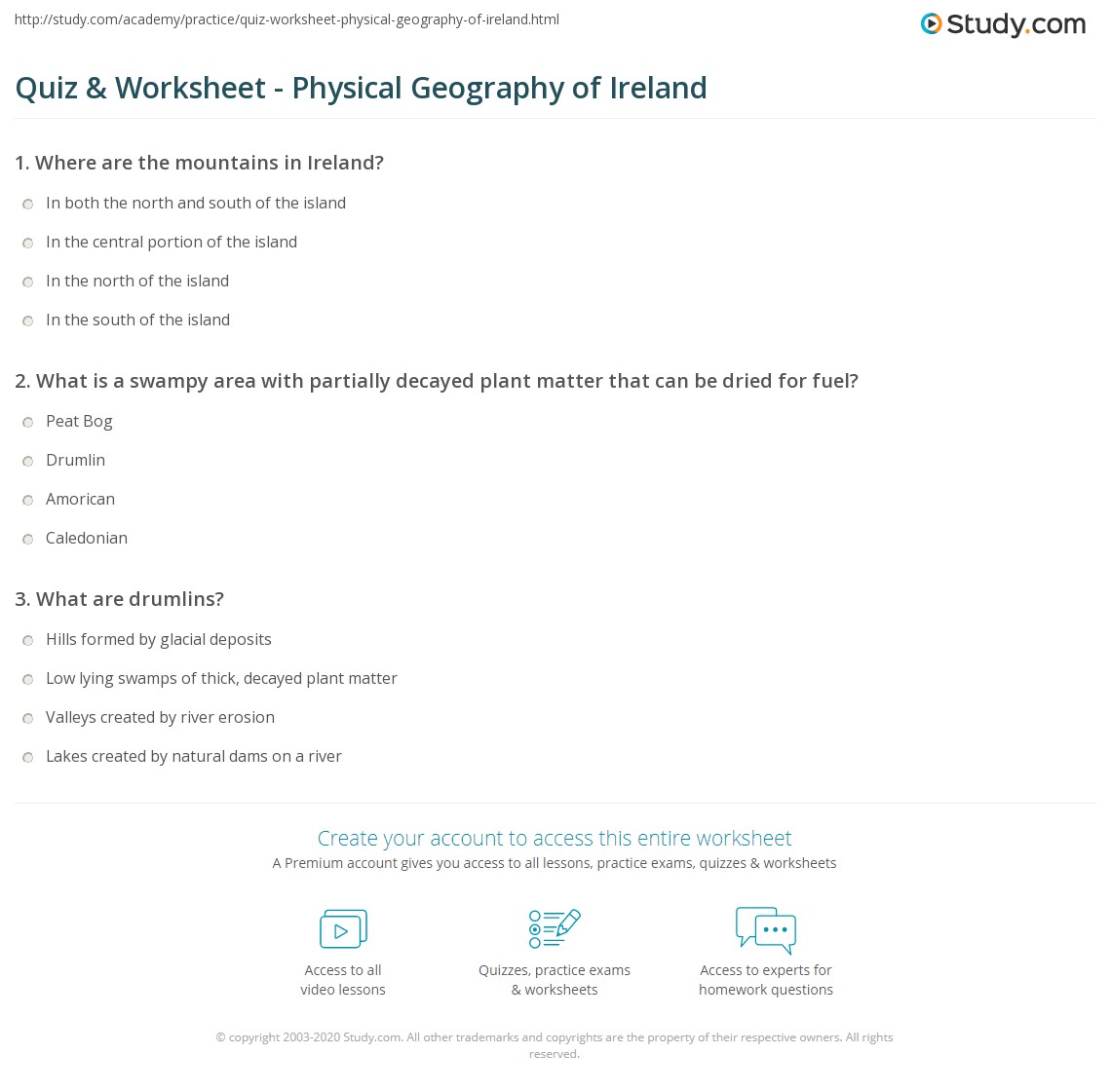 Quiz & Worksheet - Physical Geography of Ireland | Study.com