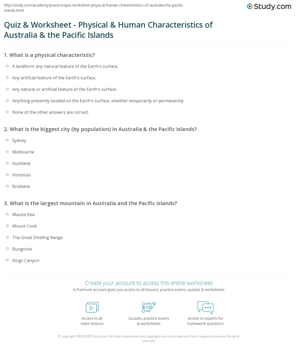 Quiz & Worksheet - Physical & Human Characteristics of Australia & the ...