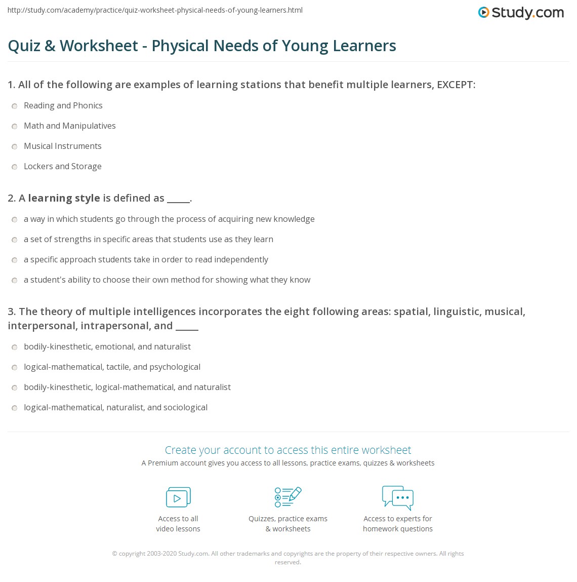Quiz & Worksheet - Physical Needs of Young Learners | Study.com