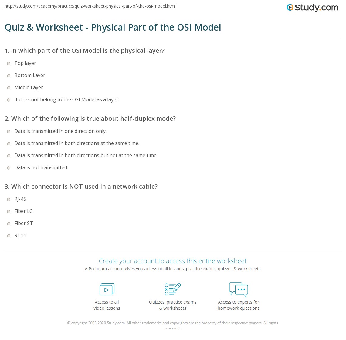 Quiz & Worksheet - Physical Part of the OSI Model | Study.com