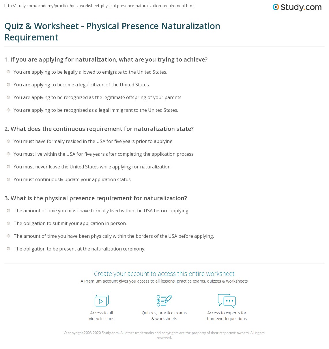 Quiz & Worksheet - Physical Presence Naturalization Requirement | Study.com